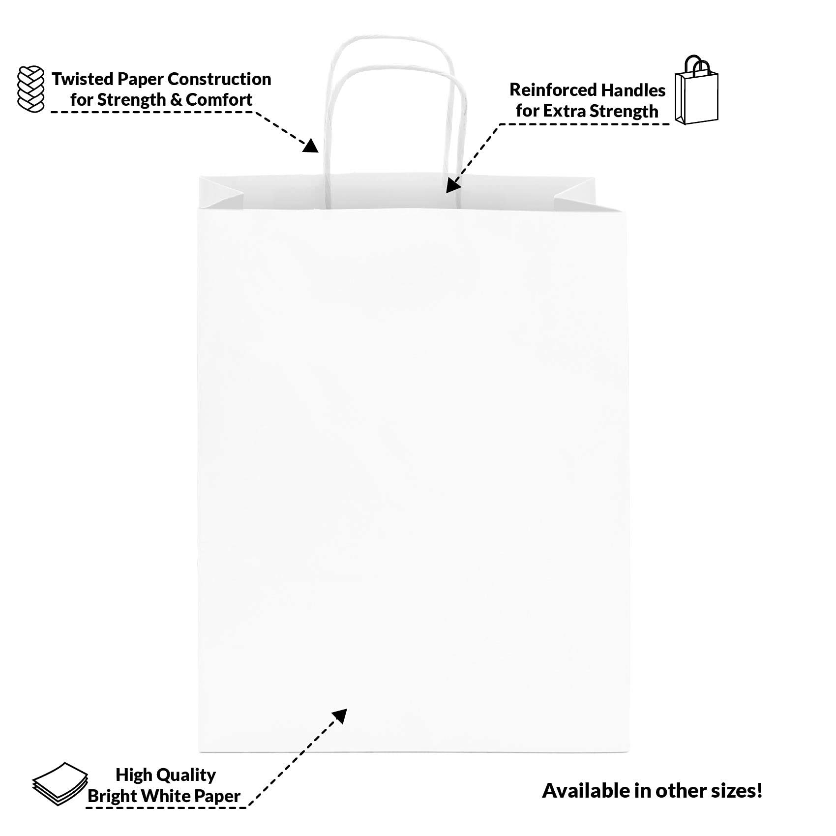 Prime Line Packaging Medium White Gift Bags with Handles, Shopping Totes for Small Business, Boutiques, Merchandise, Parties, Bulk, 10x5x13 100 Pack