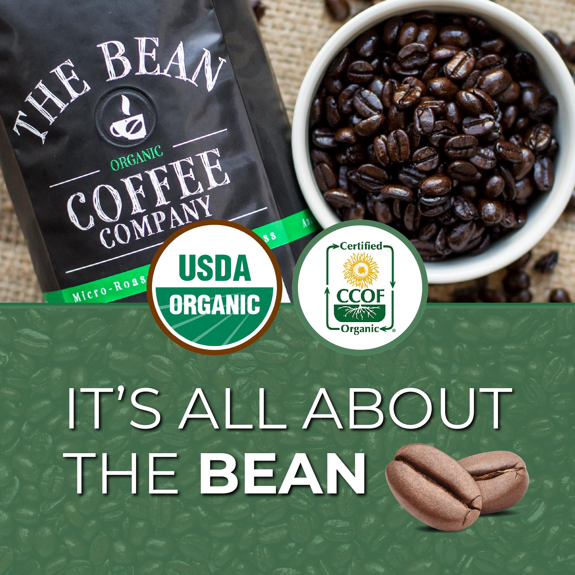 The Bean Organic Coffee Company Vanilla Bean, Medium Roast, Ground Coffee, 16-Ounce Bag,Café molido tostado organico