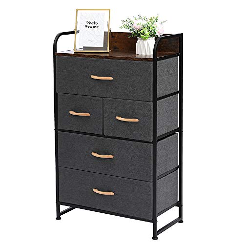 5-Drawer Dresser, 4-Tier Storage Organizer, Tower Unit for Bedroom, Hallway, Entryway, Closets - Sturdy Steel Frame, Wooden Top, Removable Fabric Bins