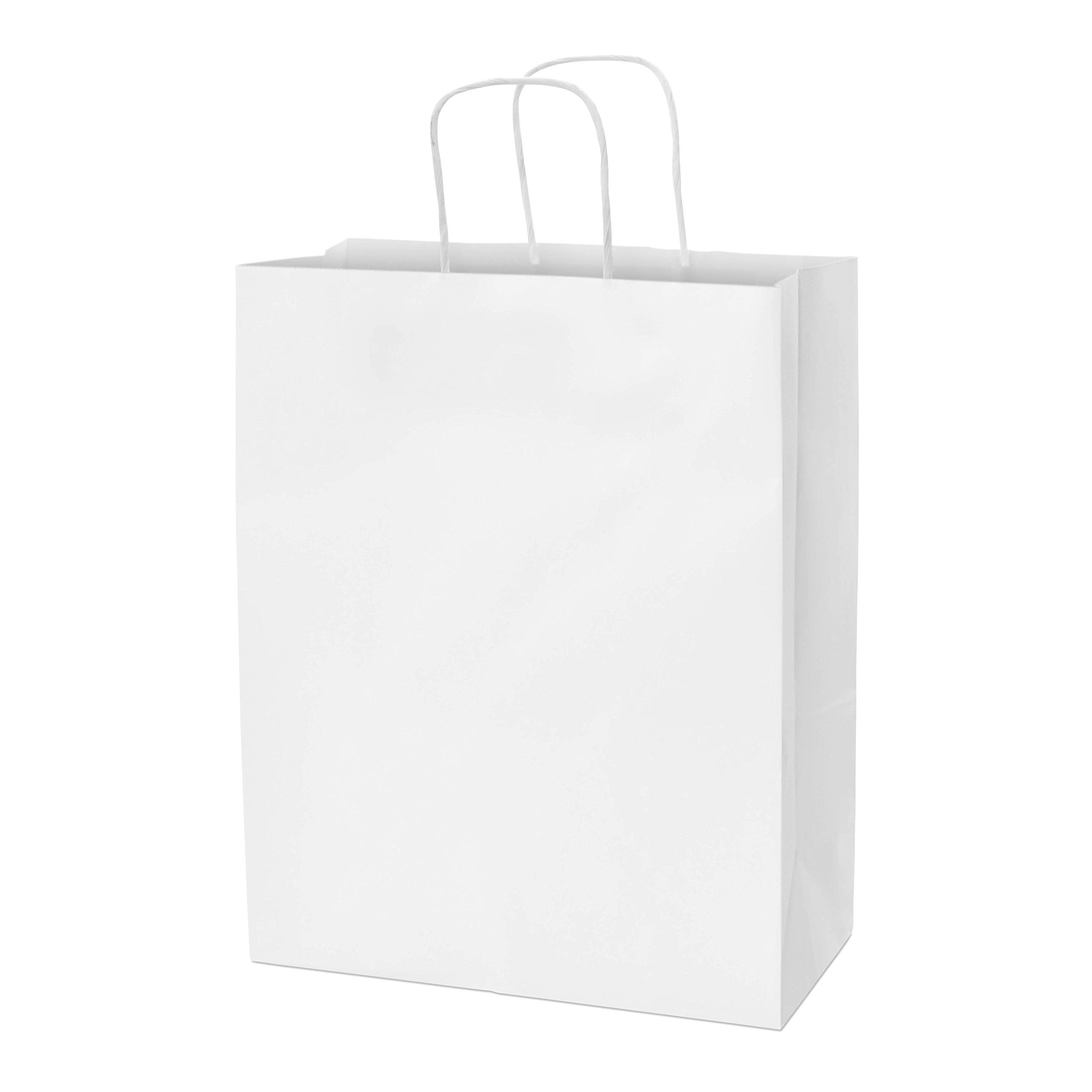 Prime Line Packaging Medium White Gift Bags with Handles, Shopping Totes for Small Business, Boutiques, Merchandise, Parties, Bulk, 10x5x13 100 Pack
