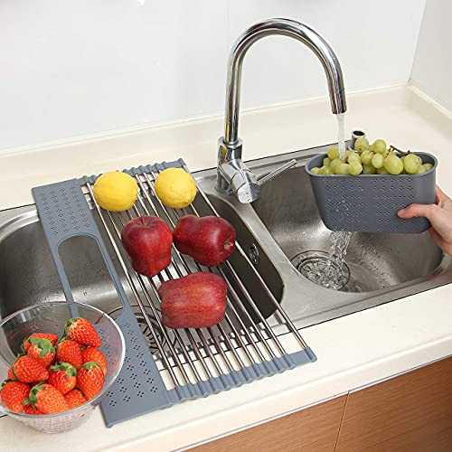 N/A2 Roll Up Dish Drying Rack - Over The Sink Drying Rack with Utensil Holder + Multipurpose Sink Cover Stainless Steel Silicone Portable Dish Draining and Folding Strainer for Mom!