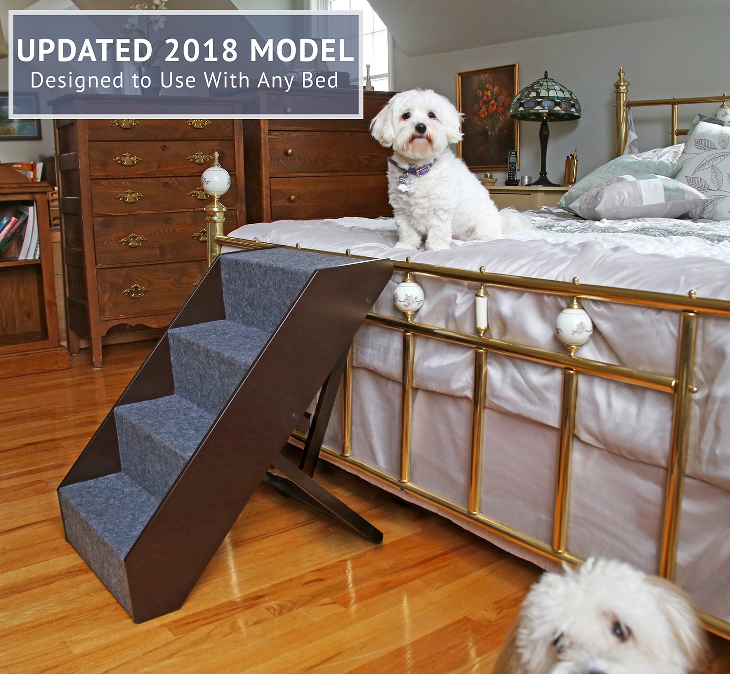 Arf Pets Wood Dog Stairs, 4 Levels Height Adjustment Wide Pet Steps for Dogs and Cats, Foldable