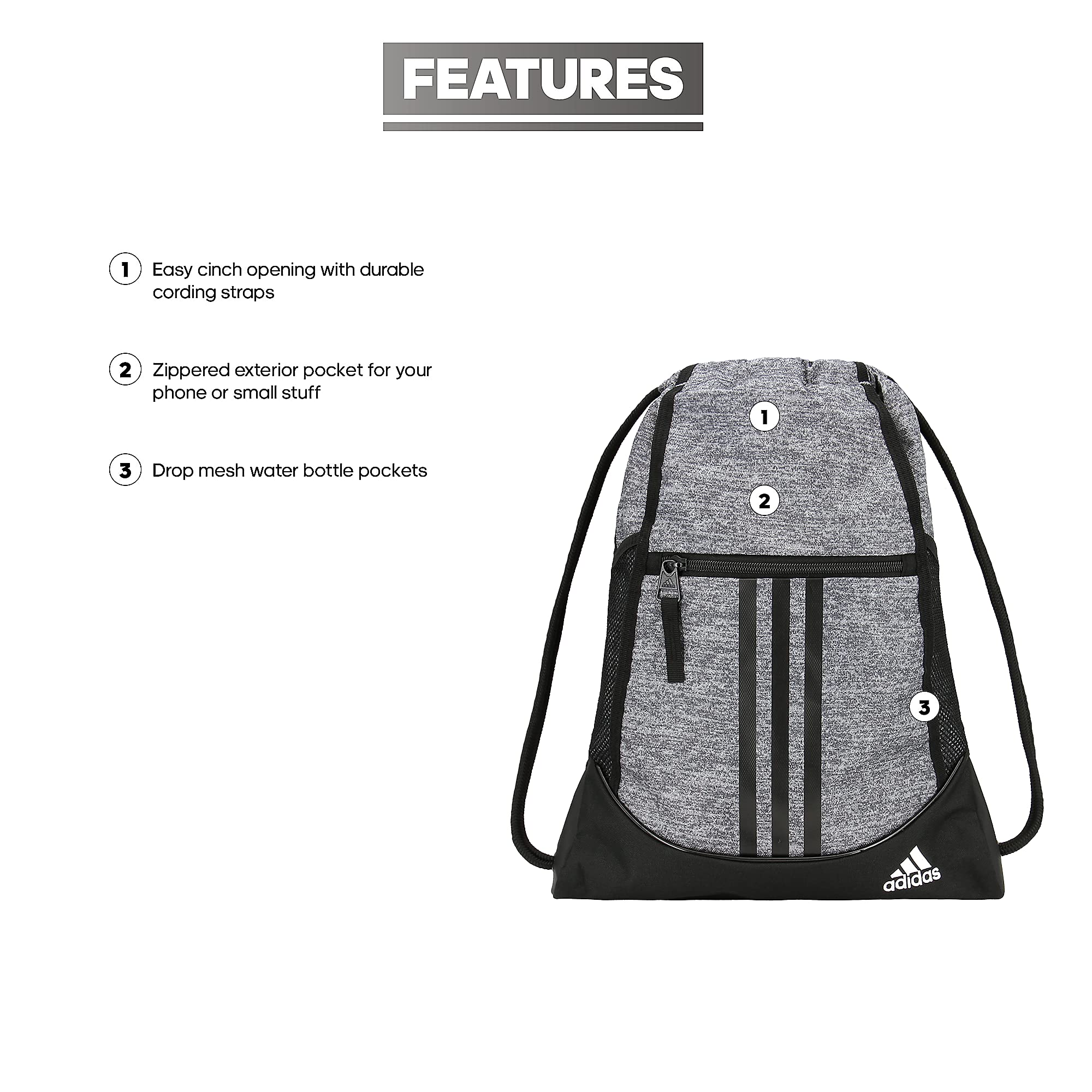 adidas Unisex Alliance Sackpack (12L) Lightweight Athletic Small Drawstring Team Sports Workout Bag, Jersey Onix Grey/Black/White, One Size