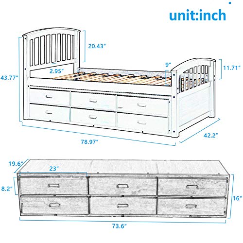 Harper & Bright Designs Twin Size Platform Storage Bed Solid Wood Captains Bed with 6 Drawers, No Box Spring Needed