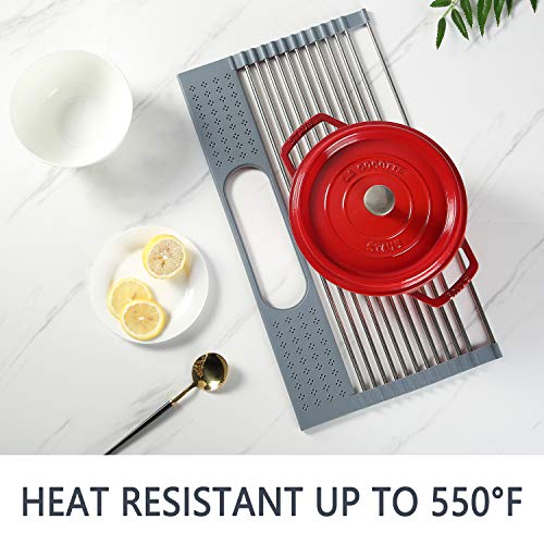 N/A2 Roll Up Dish Drying Rack - Over The Sink Drying Rack with Utensil Holder + Multipurpose Sink Cover Stainless Steel Silicone Portable Dish Draining and Folding Strainer for Mom!