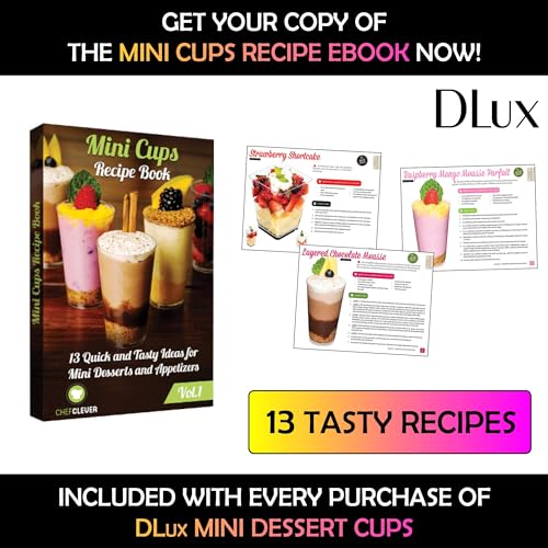 DLux 50 x 3.5 oz Mini Dessert Cups with Spoons, Small Swirl - Clear Plastic Parfait Appetizer Cup - Small Reusable Serving Bowl for Tasting Party Desserts Appetizers - With Recipe Ebook