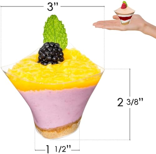DLux 50 x 3.5 oz Mini Dessert Cups with Spoons, Small Swirl - Clear Plastic Parfait Appetizer Cup - Small Reusable Serving Bowl for Tasting Party Desserts Appetizers - With Recipe Ebook