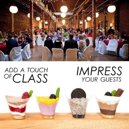 DLux 50 x 3.5 oz Mini Dessert Cups with Spoons, Small Swirl - Clear Plastic Parfait Appetizer Cup - Small Reusable Serving Bowl for Tasting Party Desserts Appetizers - With Recipe Ebook