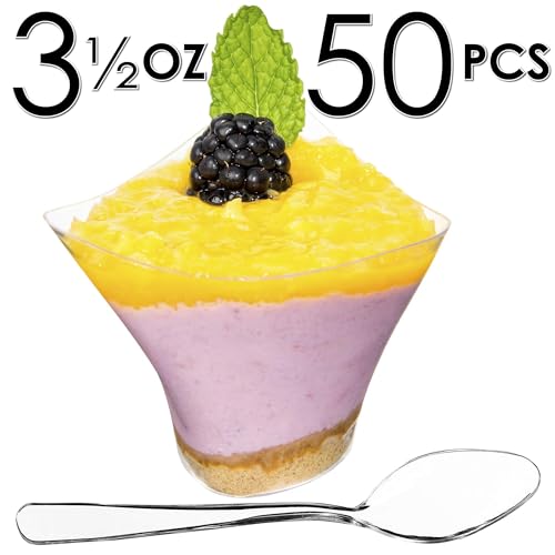 DLux 50 x 3.5 oz Mini Dessert Cups with Spoons, Small Swirl - Clear Plastic Parfait Appetizer Cup - Small Reusable Serving Bowl for Tasting Party Desserts Appetizers - With Recipe Ebook