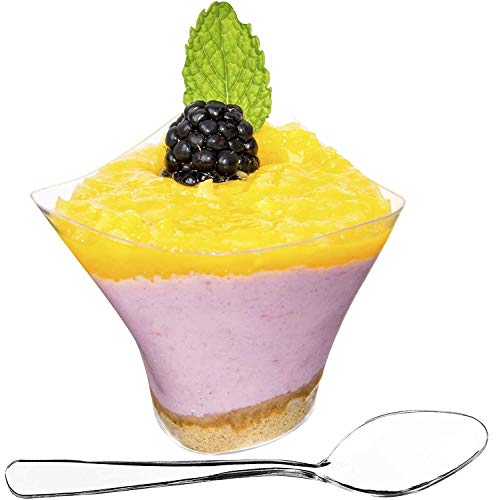 DLux 50 x 3.5 oz Mini Dessert Cups with Spoons, Small Swirl - Clear Plastic Parfait Appetizer Cup - Small Reusable Serving Bowl for Tasting Party Desserts Appetizers - With Recipe Ebook