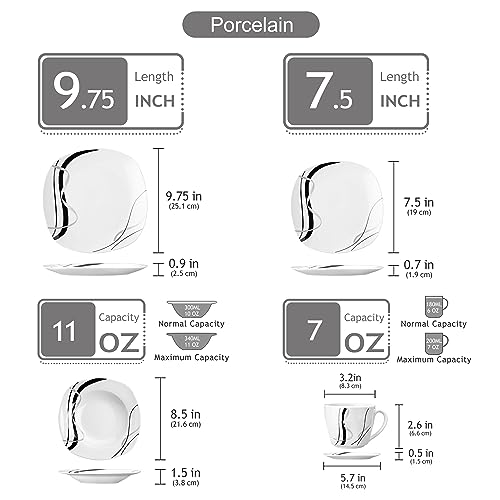 VEWEET, Series Fiona, 30-Piece Dinnerware Sets for 6, White Dishes Set with Black and Gray Stripes, Porcelain Dinner Set Including Dessert Plates, Soup Plates, Dinner Plates, Cups & Saucers