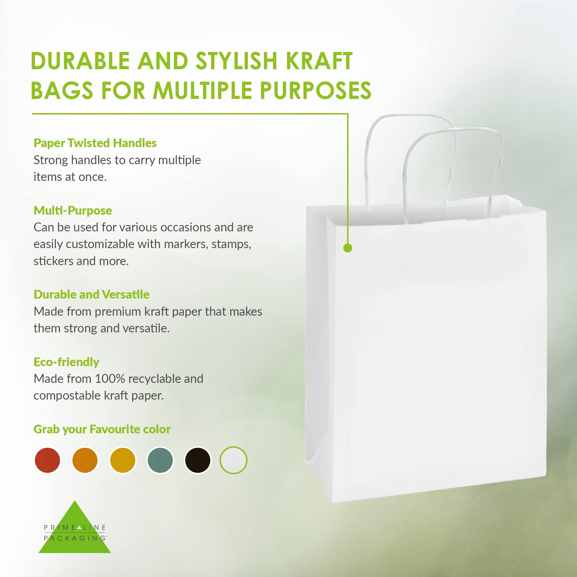 Prime Line Packaging White Kraft Paper Gift Bags with Handles for Small Business, Boutiques, Retail, Shopping, Birthdays, Favors, Bulk, 8x4x10 50 Pack