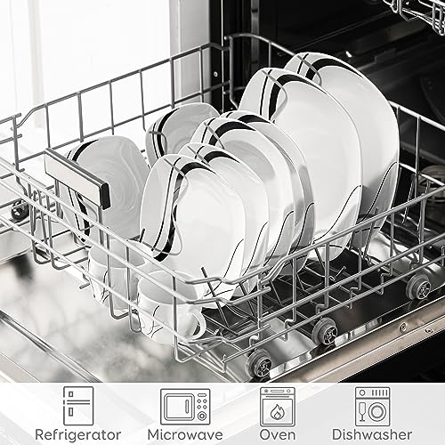 VEWEET, Series Fiona, 30-Piece Dinnerware Sets for 6, White Dishes Set with Black and Gray Stripes, Porcelain Dinner Set Including Dessert Plates, Soup Plates, Dinner Plates, Cups & Saucers