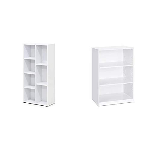 Furinno Luder Bookcase/Book/Storage, 7-Cube, White & FURINNO Jaya Simple Home 3-Tier Adjustable Shelf Bookcase, White