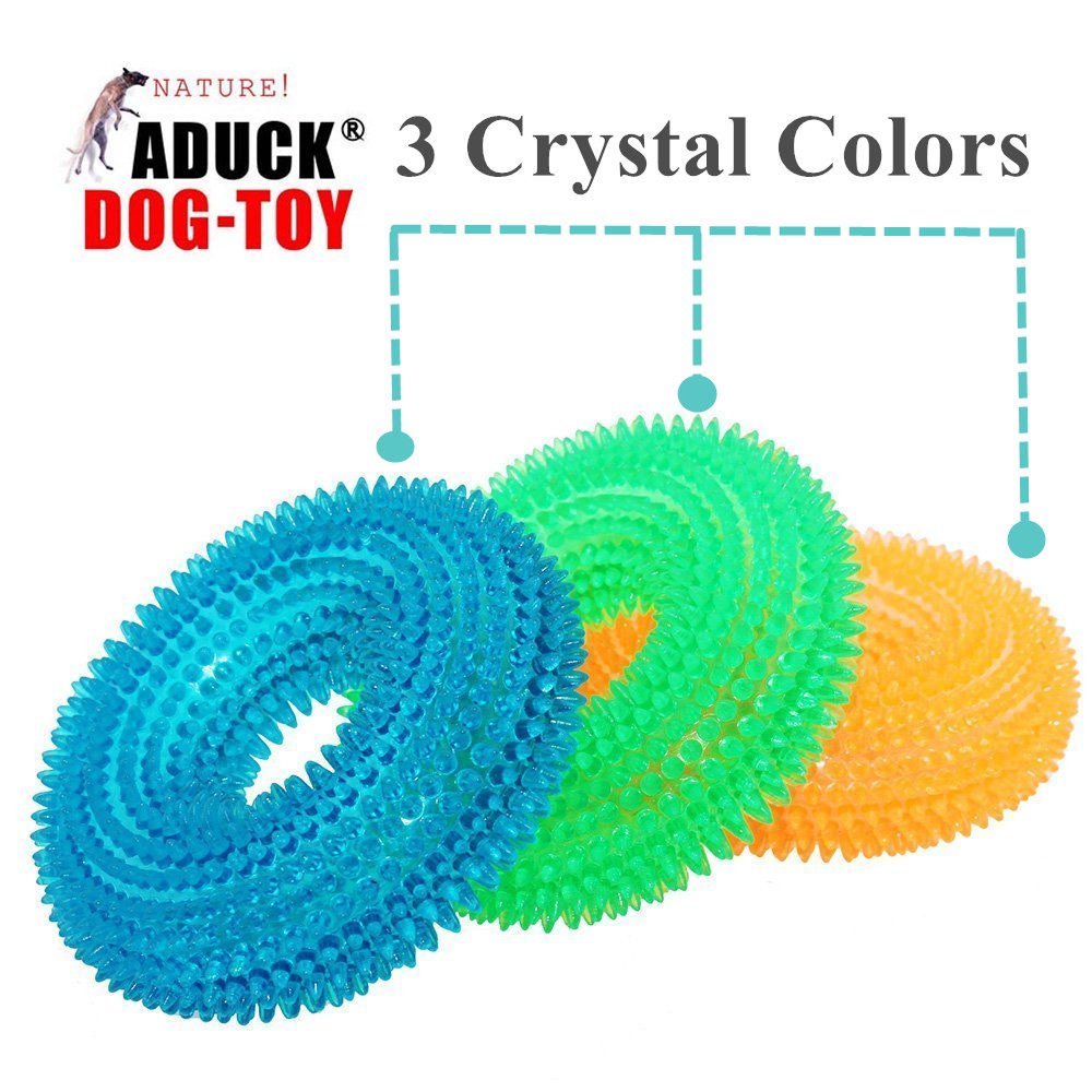 ADUCK Dog Squeaky Chew Toys for Aggressive Chewers Dental Teething Cleaning (Non-Toxic Soft Natural Rubber), Cute Crystal Ring Design -4.92 inches (Crystal Blue)