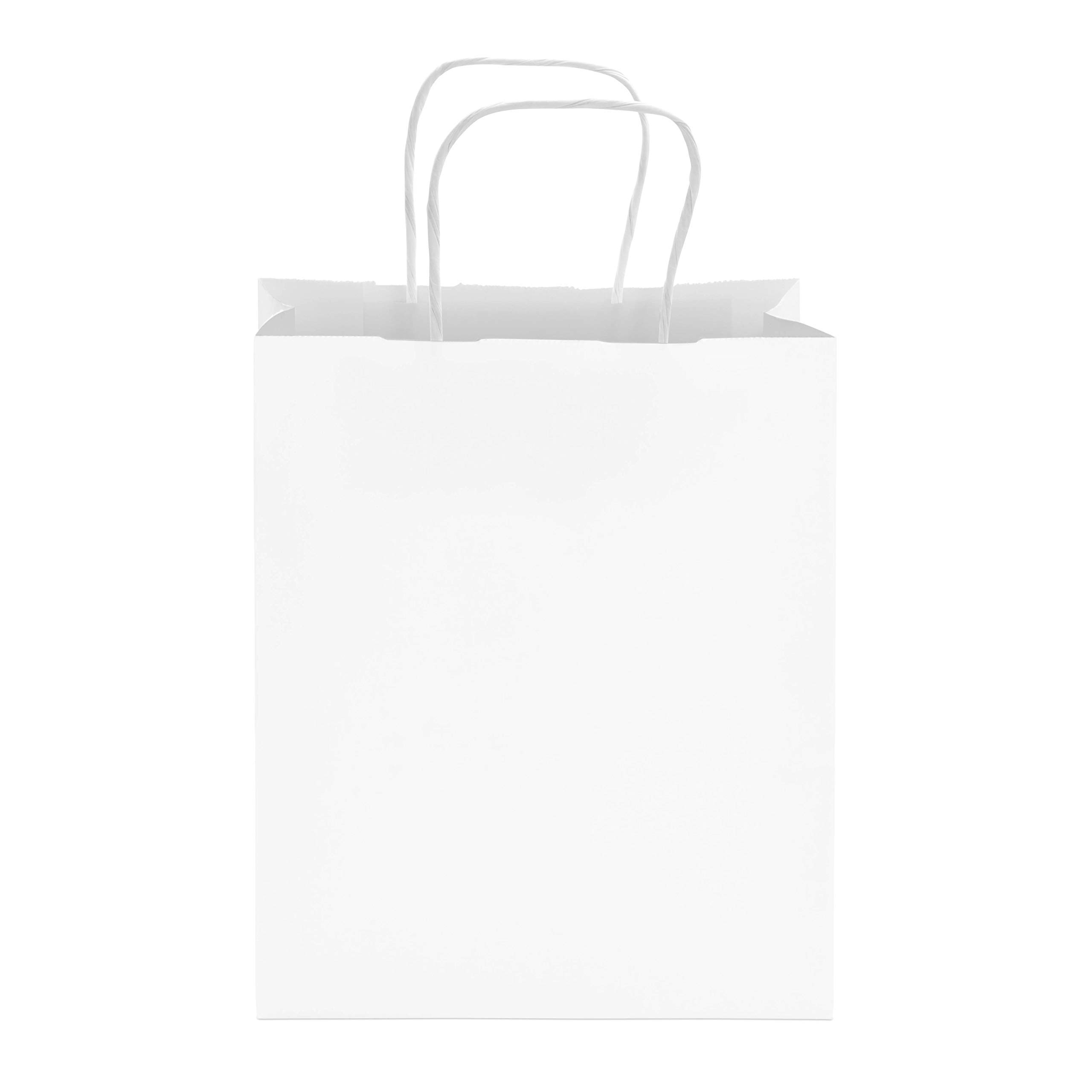 Prime Line Packaging White Kraft Paper Gift Bags with Handles for Small Business, Boutiques, Retail, Shopping, Birthdays, Favors, Bulk, 8x4x10 50 Pack
