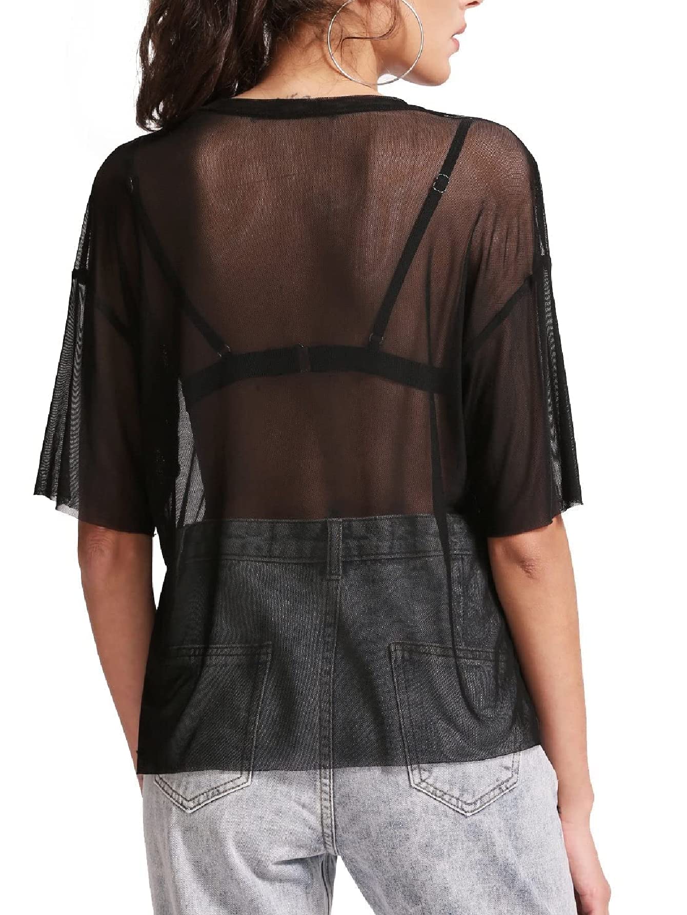 MakeMeChic Women's Summer Short Sleeve Tops See Through Mesh Sheer Sexy T Shirt Blouse A Black M