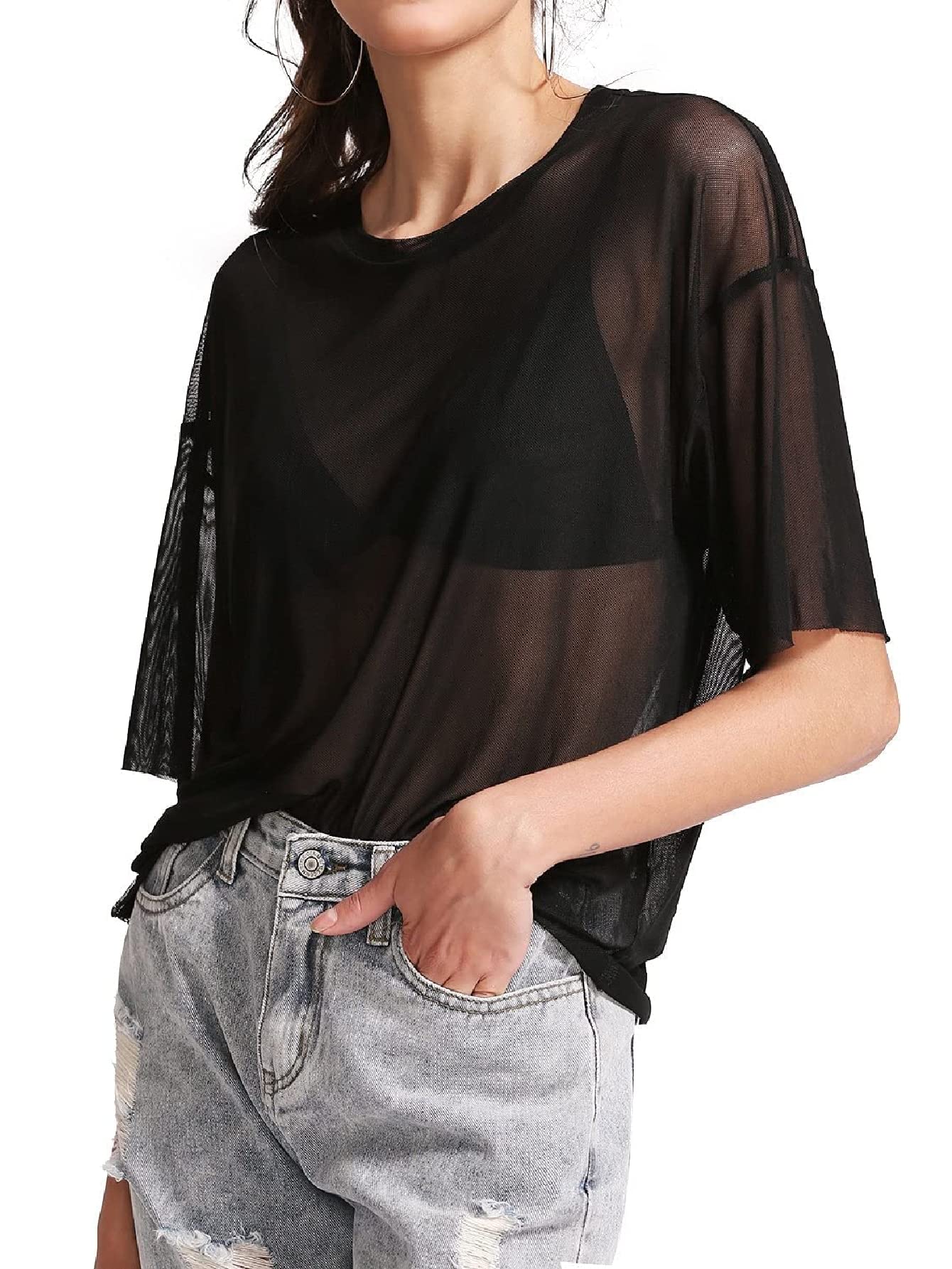 MakeMeChic Women's Summer Short Sleeve Tops See Through Mesh Sheer Sexy T Shirt Blouse A Black M