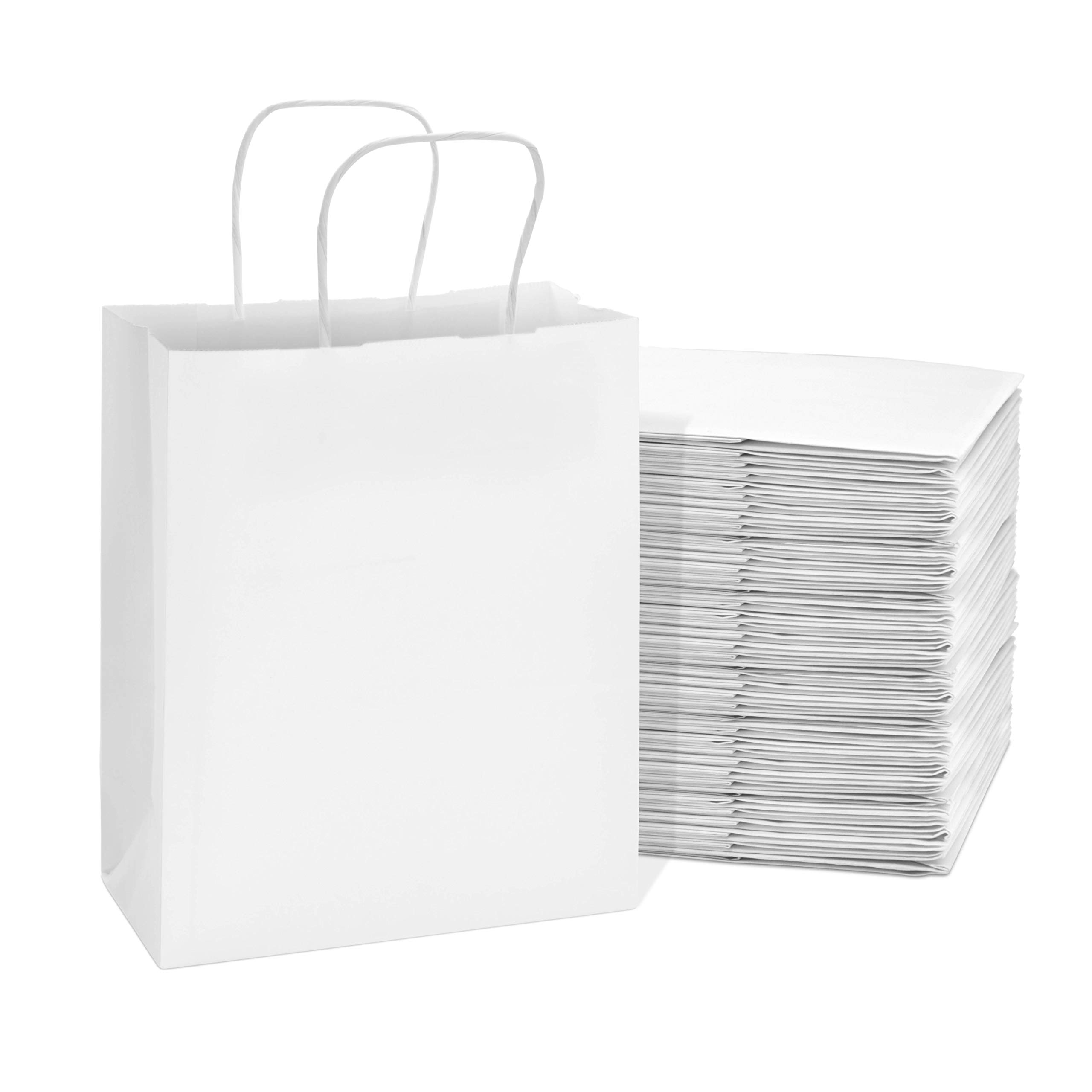 Prime Line Packaging White Kraft Paper Gift Bags with Handles for Small Business, Boutiques, Retail, Shopping, Birthdays, Favors, Bulk, 8x4x10 50 Pack