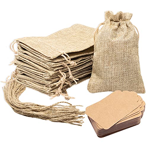 Burlap Gift Bags 4x6 Inch [50 pack]. Small Burlap Sack with Drawstring. Bulk of Burlap Pouches for Wedding favors, Party Favor, Gifts, Coffee, Jewelry, Crafts, Easter, Candy. Gift Tags included.