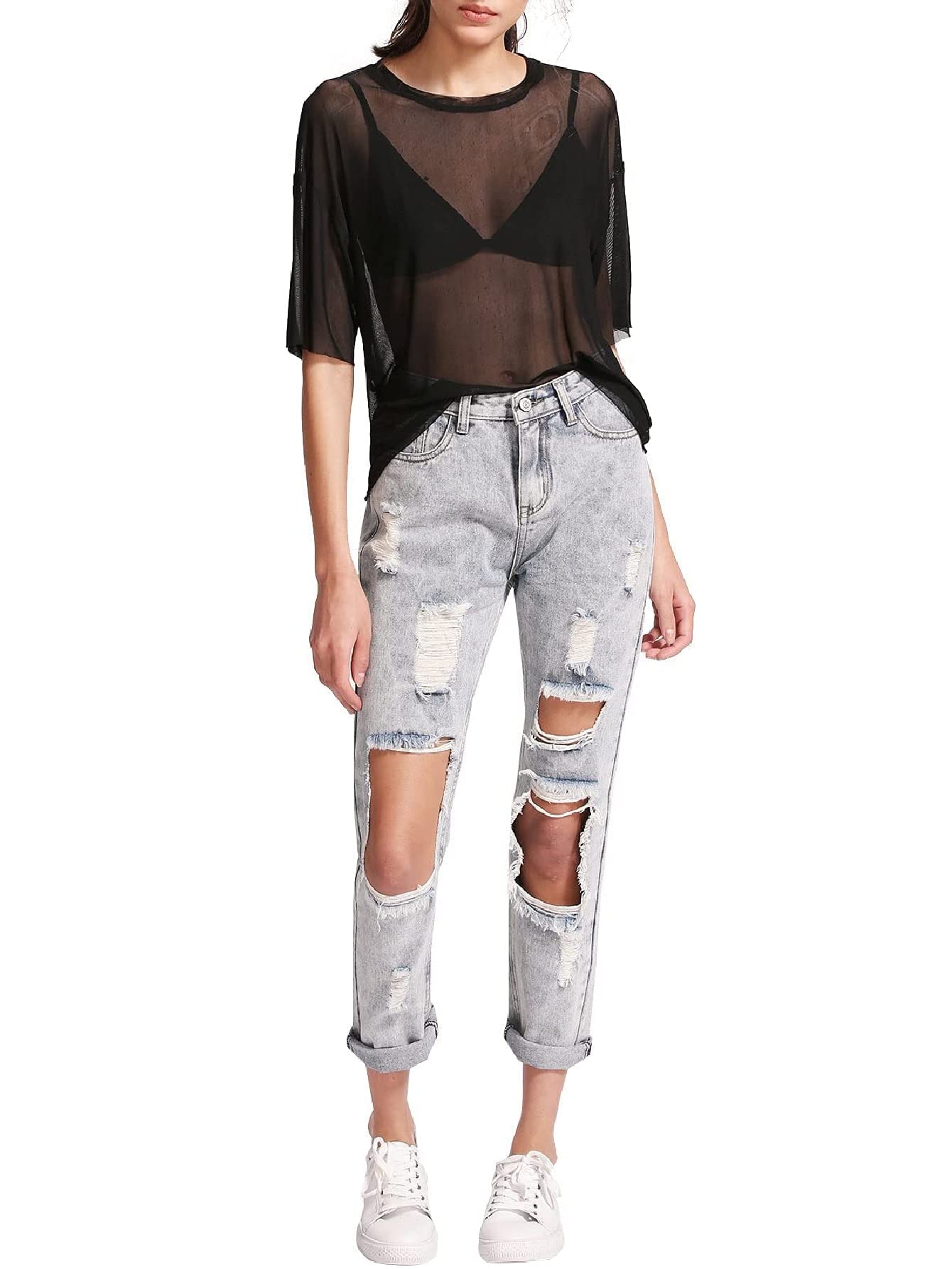 MakeMeChic Women's Summer Short Sleeve Tops See Through Mesh Sheer Sexy T Shirt Blouse A Black M