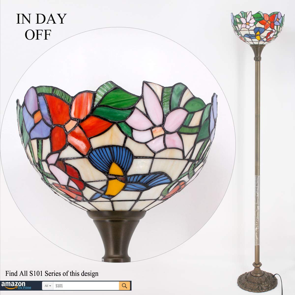 WERFACTORY Tiffany Floor Lamp Hummingbird Amber Stained Glass Light 12X12X66 Inches Pole Torchiere Standing Corner Torch Uplight Decor Bedroom Living Room Home Office S101 Series