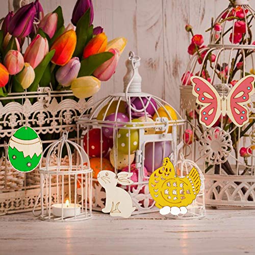 Max Fun 60PCS Easter Wood Cutouts for Crafts Easter Unfinished Ornaments DIY with Bunny to Paint for Kids Easter Party Decorations Decor Hanging Egg Shapes with Drawing Pen and Hang Cords