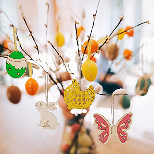 Max Fun 60PCS Easter Wood Cutouts for Crafts Easter Unfinished Ornaments DIY with Bunny to Paint for Kids Easter Party Decorations Decor Hanging Egg Shapes with Drawing Pen and Hang Cords