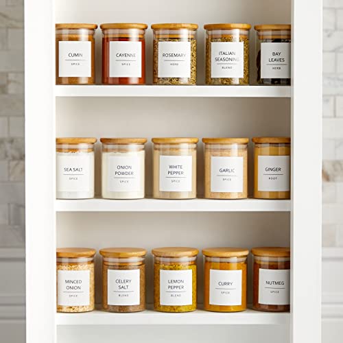 Talented Kitchen 184 Spice Labels Stickers, Preprinted White Spice Jar Labels for Herbs Seasonings, Spice Rack Pantry Organization, Minimalist Black Text + Numbers & Date (Water Resistant)