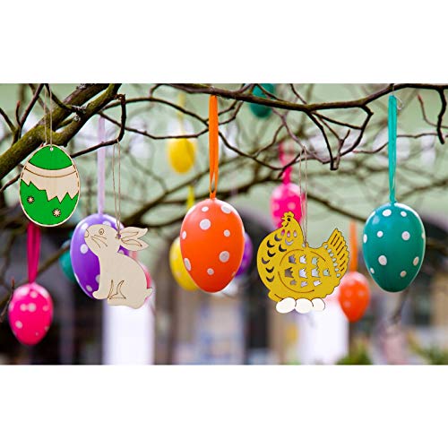 Max Fun 60PCS Easter Wood Cutouts for Crafts Easter Unfinished Ornaments DIY with Bunny to Paint for Kids Easter Party Decorations Decor Hanging Egg Shapes with Drawing Pen and Hang Cords