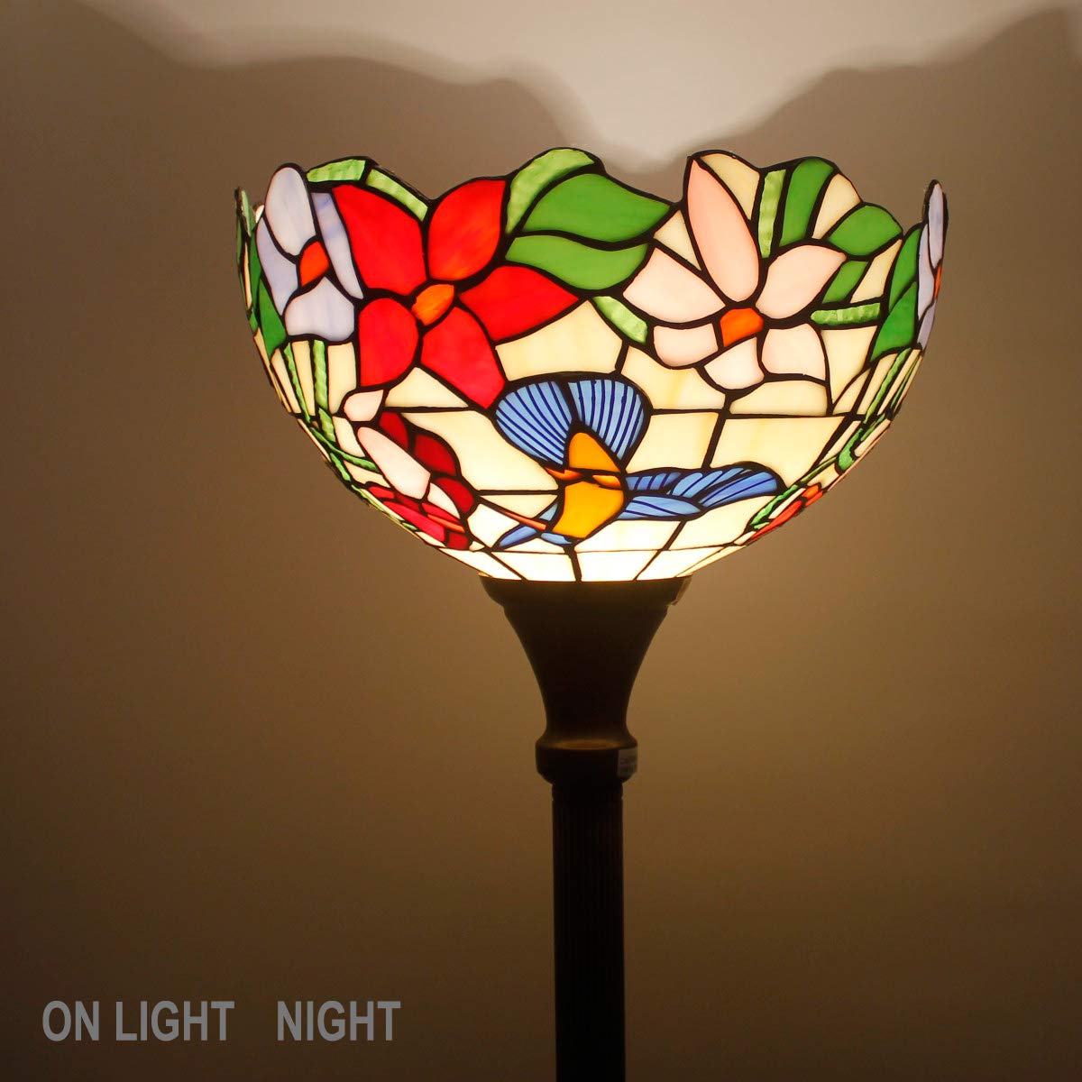 WERFACTORY Tiffany Floor Lamp Hummingbird Amber Stained Glass Light 12X12X66 Inches Pole Torchiere Standing Corner Torch Uplight Decor Bedroom Living Room Home Office S101 Series