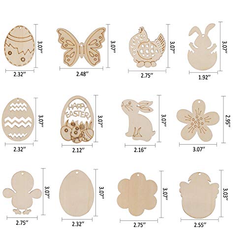 Max Fun 60PCS Easter Wood Cutouts for Crafts Easter Unfinished Ornaments DIY with Bunny to Paint for Kids Easter Party Decorations Decor Hanging Egg Shapes with Drawing Pen and Hang Cords
