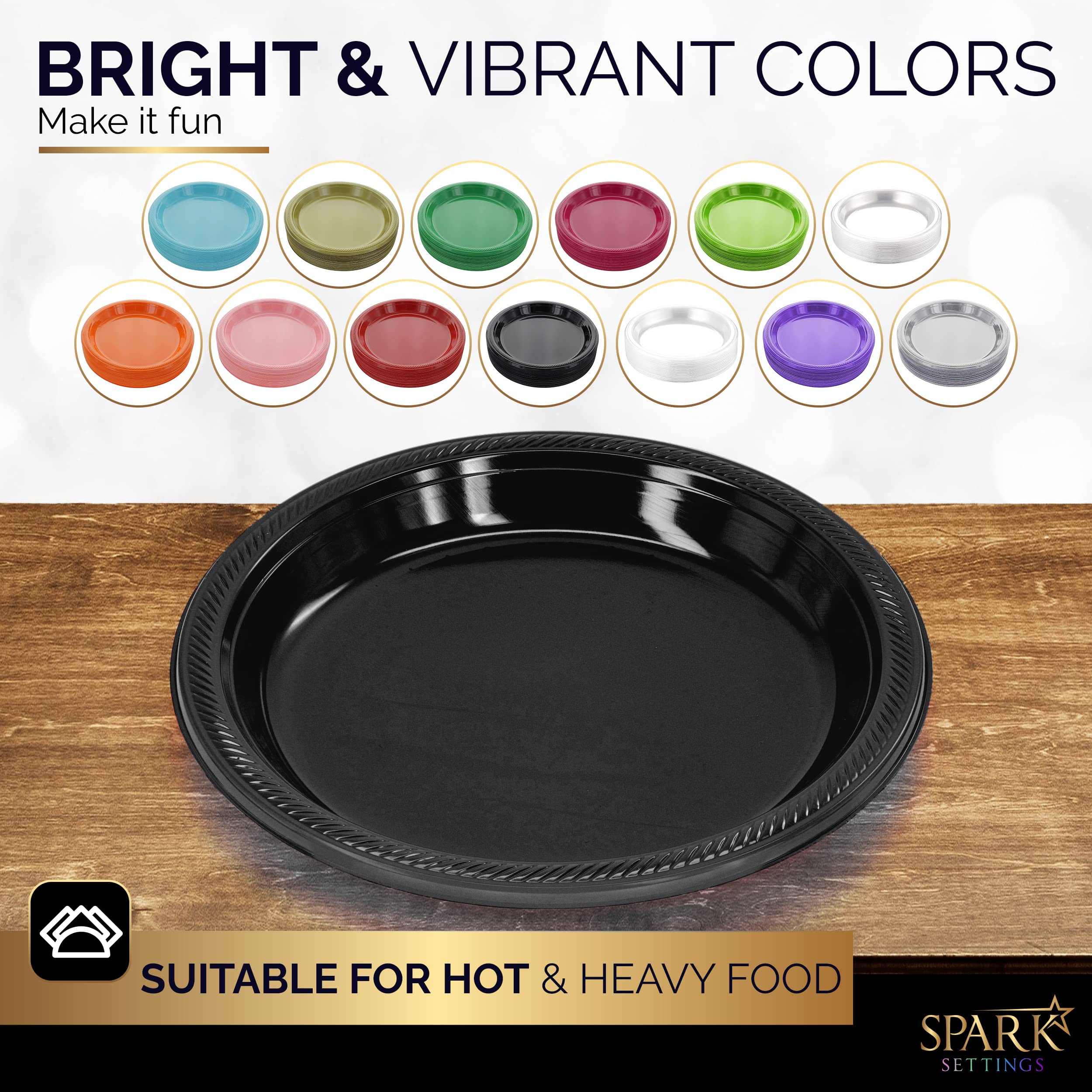 Amcrate Disposable Plastic Plates Black, 10.4 Inches Plastic Dinner Plates, Strong and Sturdy Disposable Plates for Party, Dinner, Holiday, Picnic, or Travel Party Plates, Pack of 50