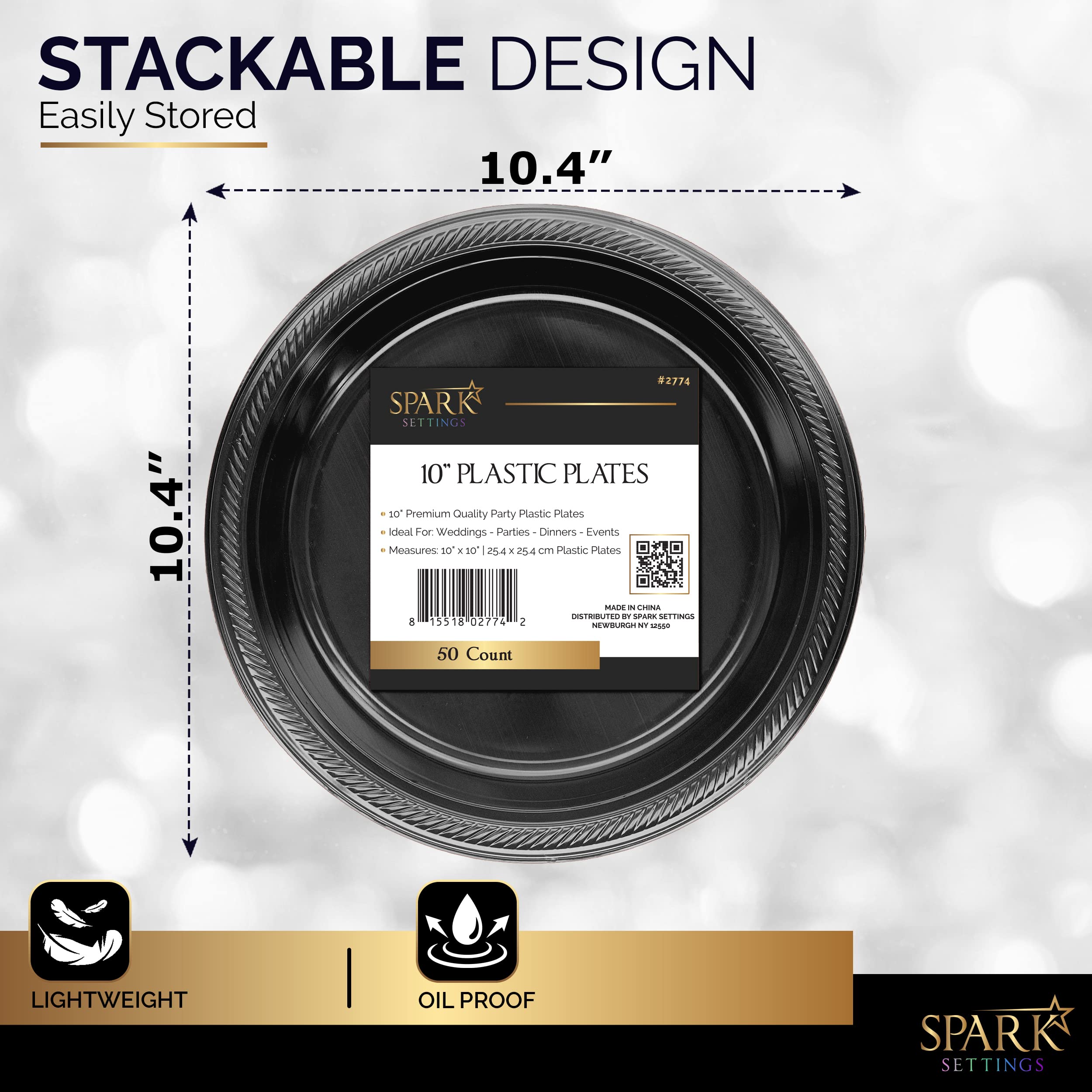 Amcrate Disposable Plastic Plates Black, 10.4 Inches Plastic Dinner Plates, Strong and Sturdy Disposable Plates for Party, Dinner, Holiday, Picnic, or Travel Party Plates, Pack of 50