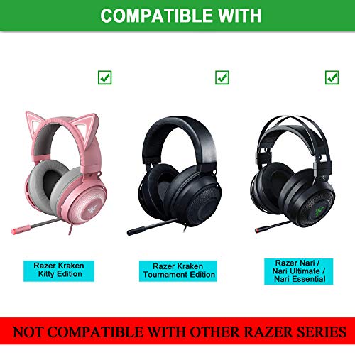 Jecobb Replacement Ear Pads Cushion Cover with Protein Leather & Memory Foam for Razer Nari, Ultimate, Essential, Kraken Kitty, Kraken Tournament Edition Headset ONLY β Oval (Grey)