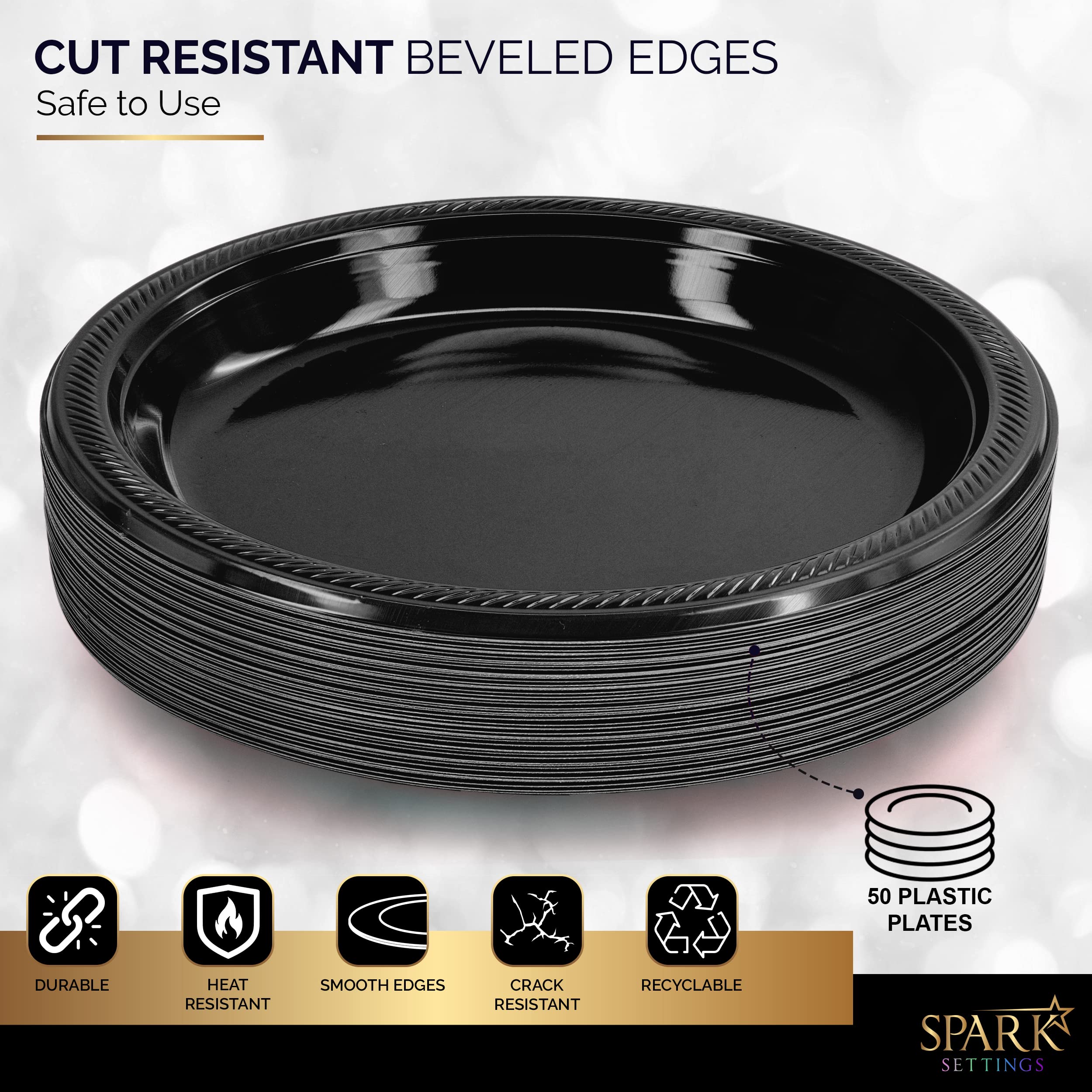 Amcrate Disposable Plastic Plates Black, 10.4 Inches Plastic Dinner Plates, Strong and Sturdy Disposable Plates for Party, Dinner, Holiday, Picnic, or Travel Party Plates, Pack of 50
