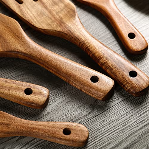 As Seen On TV, 5 Pcs Wooden Spurtle Set, NAYAHOSE Teak Wood Kitchen Utensils for Cooking, Wooden Slotted Spurtle Set for Stirring, Mixing, Serving