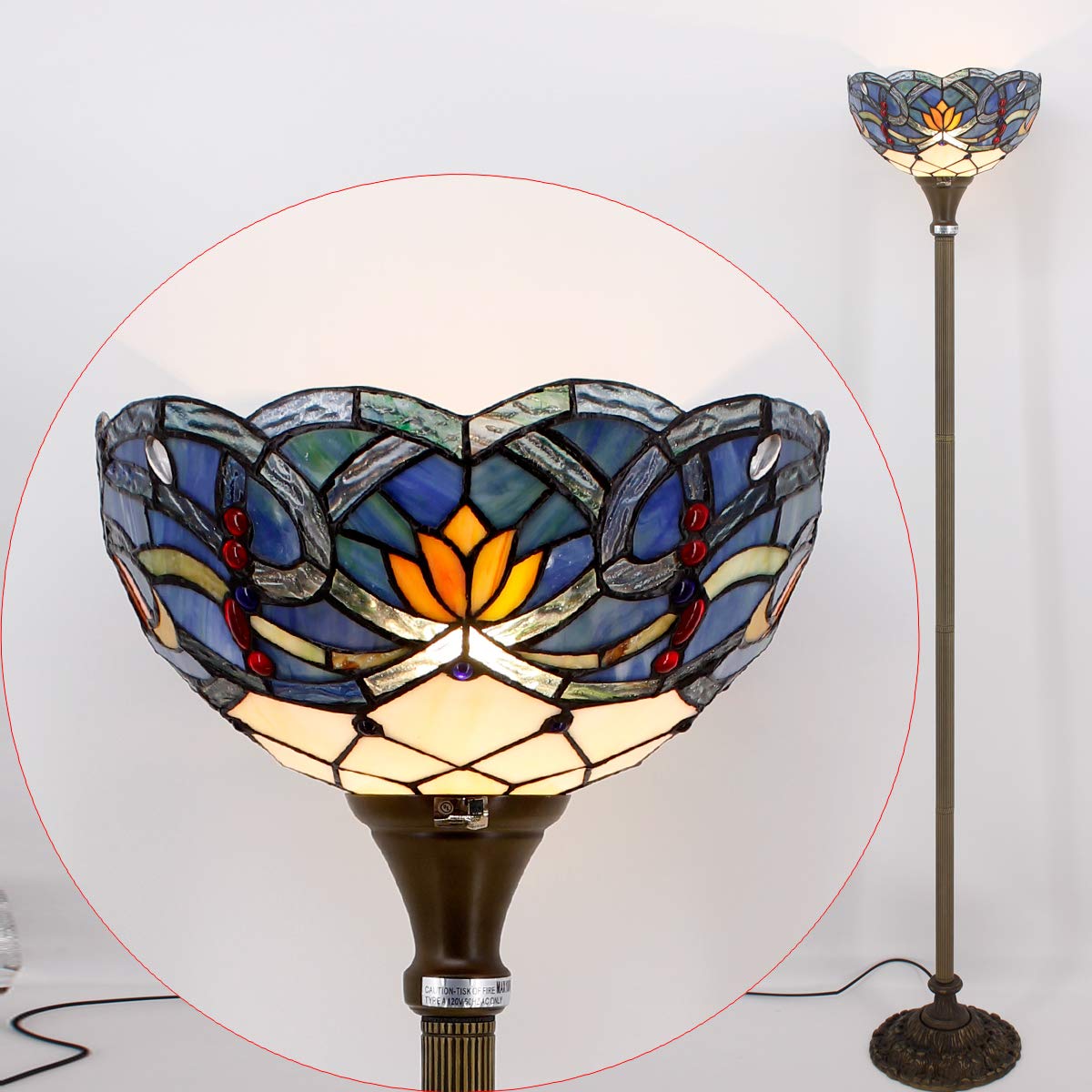 WERFACTORY Tiffany Floor Lamp Blue Lotus Flower Stained Glass Light 12X12X66 Inches Pole Torchiere Standing Corner Torch Uplight Decor Bedroom Living Room Home Office S220 Series