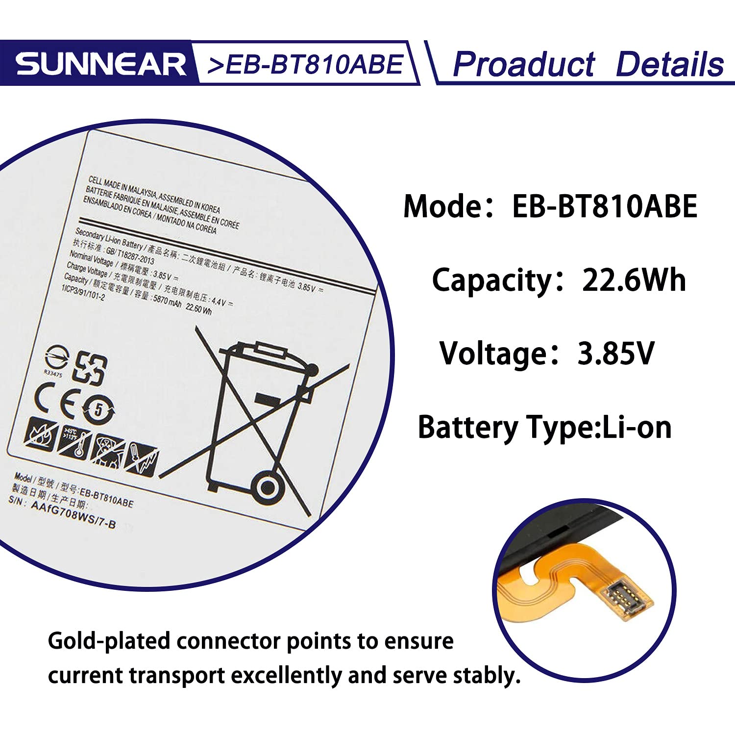 SUNNEAR EB-BT810ABE Battery Replacement for Samsung Galaxy Tab S2 9.7" SM-T810 SM-T815 SM-T817 SM-T815 Series Tablet EB-BT810ABA GH43-04431A 3.85V 22.60WH with Tools