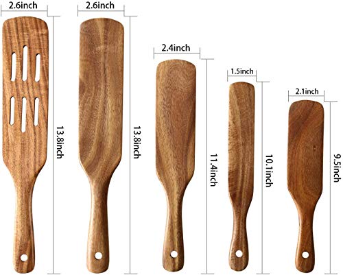 As Seen On TV, 5 Pcs Wooden Spurtle Set, NAYAHOSE Teak Wood Kitchen Utensils for Cooking, Wooden Slotted Spurtle Set for Stirring, Mixing, Serving