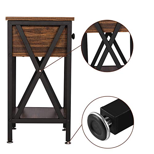 VECELO Side/End Table Drawer & Storage Shelf for Living Room Bedroom, Versatile X-Design, Brown, Nightstand with Drawer, Retro BRN