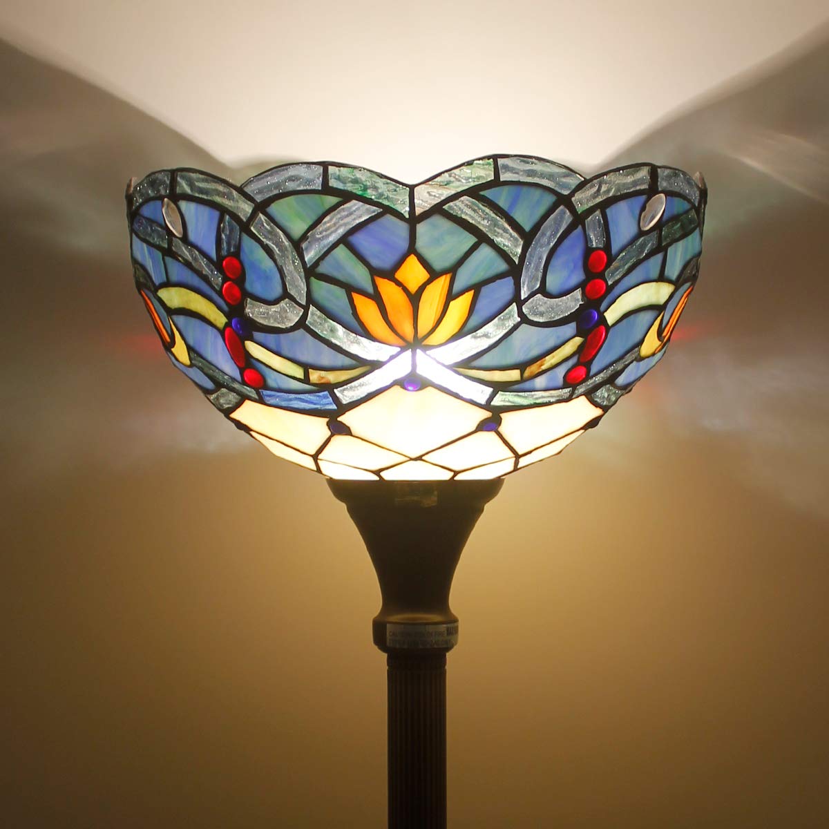 WERFACTORY Tiffany Floor Lamp Blue Lotus Flower Stained Glass Light 12X12X66 Inches Pole Torchiere Standing Corner Torch Uplight Decor Bedroom Living Room Home Office S220 Series