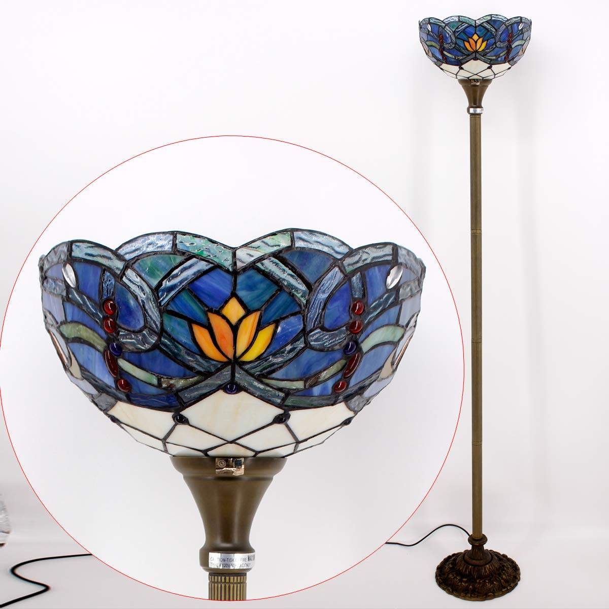WERFACTORY Tiffany Floor Lamp Blue Lotus Flower Stained Glass Light 12X12X66 Inches Pole Torchiere Standing Corner Torch Uplight Decor Bedroom Living Room Home Office S220 Series