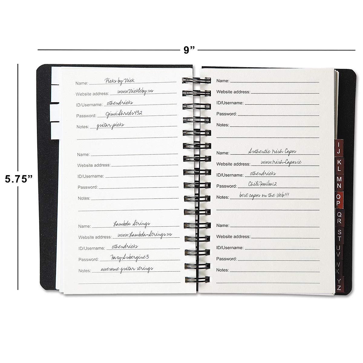 Current Black Password & PIN Keeper Book, 65 Pages, 4.5” x 5 ¾” Size Spiral Bound, Alphabetical Tabs, Plastic Cover Internet Organizer for Offline Website, Login, & Username Storage