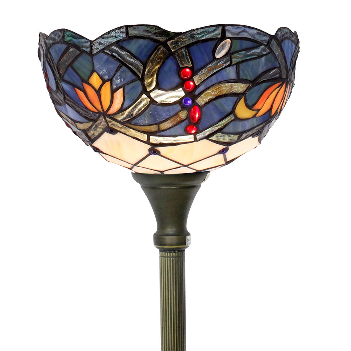 WERFACTORY Tiffany Floor Lamp Blue Lotus Flower Stained Glass Light 12X12X66 Inches Pole Torchiere Standing Corner Torch Uplight Decor Bedroom Living Room Home Office S220 Series