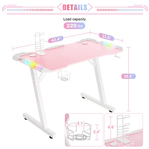 HomeMiYN Gaming Desk with LED Lights, 43.3'' Z Shaped RGB Effect Lighting Ergonomic Computer Game Desk PC Table Workstation with Headphone Hook & Cup Holder, Pink
