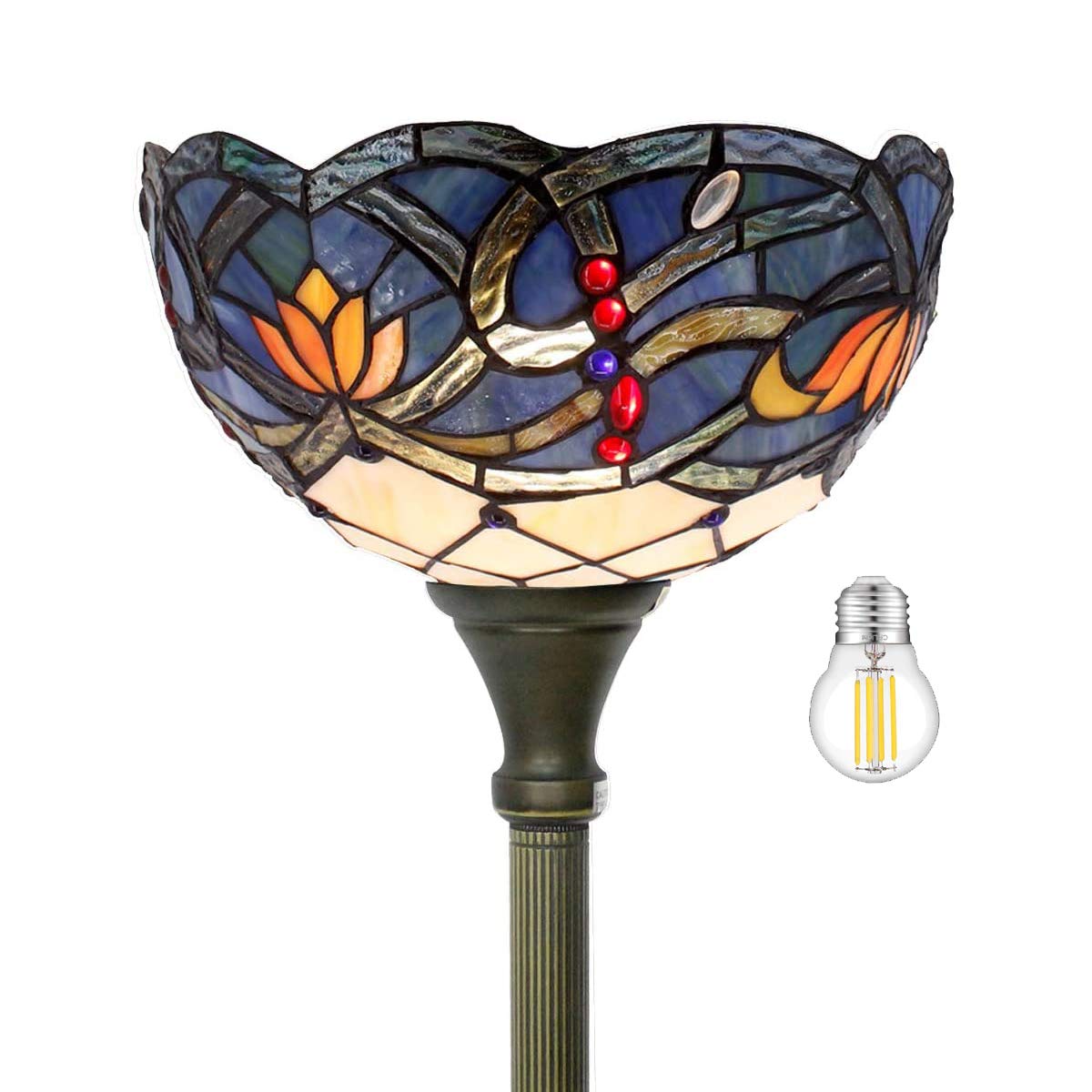 WERFACTORY Tiffany Floor Lamp Blue Lotus Flower Stained Glass Light 12X12X66 Inches Pole Torchiere Standing Corner Torch Uplight Decor Bedroom Living Room Home Office S220 Series
