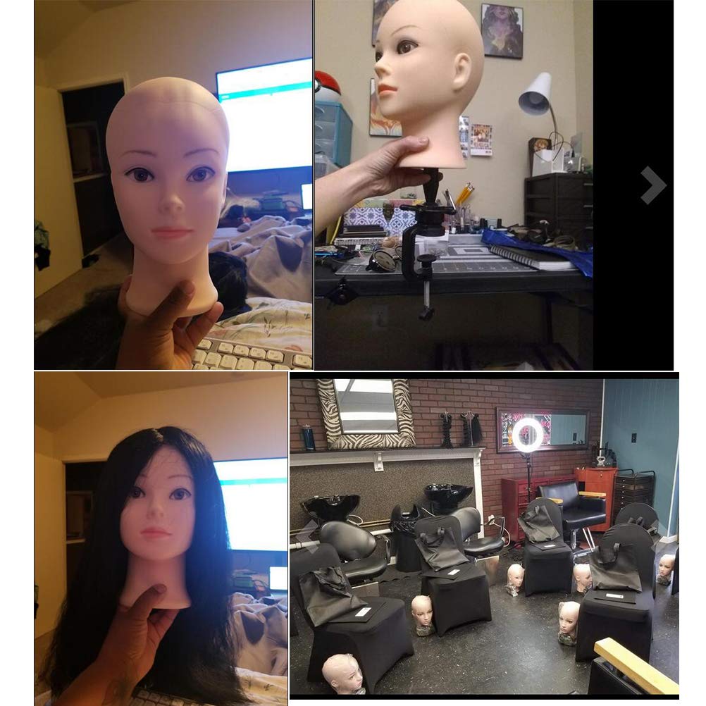 Ba Sha Bald Mannequin Head Beige Female Professional Cosmetology Manikin Doll head for Wigs Making Wig Display Hat Display Glasses Display with Free Clamp