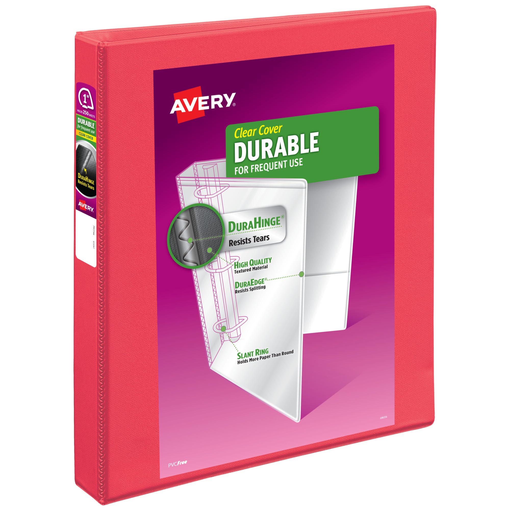 Avery Durable View 3 Ring Binder, 1 Inch Slant Rings, 250-Sheet Capacity, DuraHinge, 1.4 Inch Wide Spine, Customizable Clear Covers and Spine, 1 Bright Coral Pink Binder (17293)
