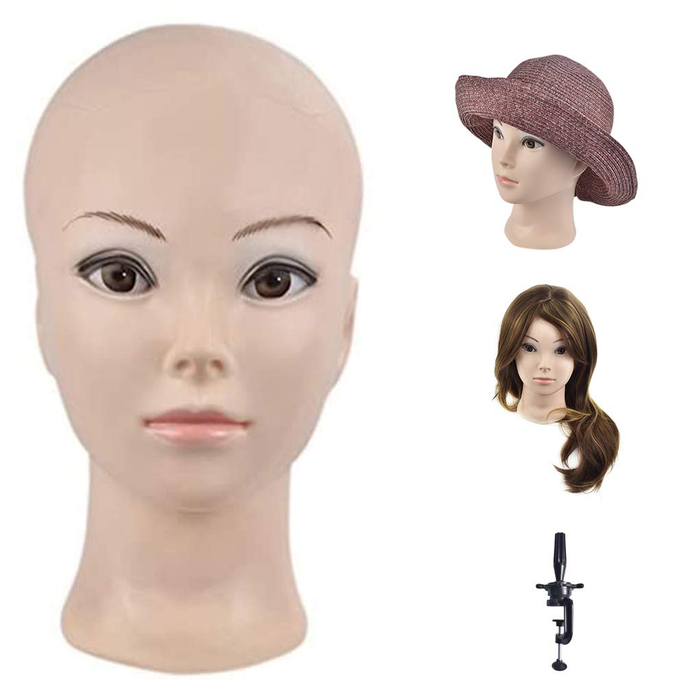Ba Sha Bald Mannequin Head Beige Female Professional Cosmetology Manikin Doll head for Wigs Making Wig Display Hat Display Glasses Display with Free Clamp